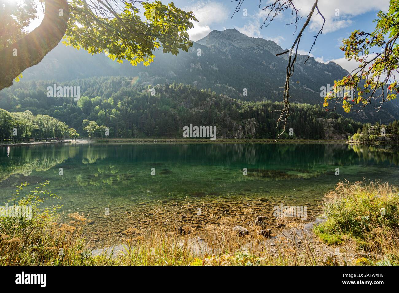Lake at the 19th century Spa town of Balneario de Panticosa, in the ...