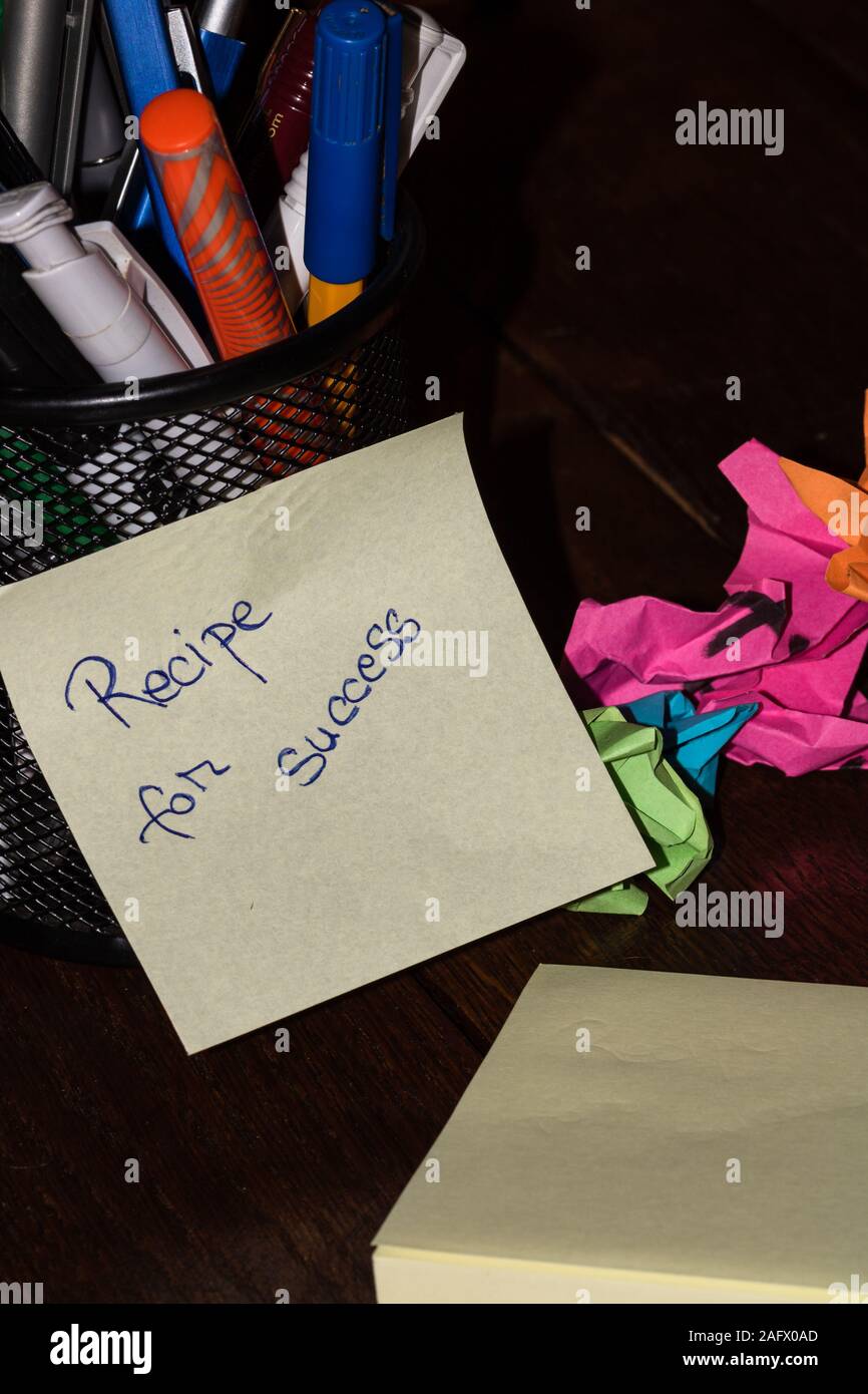 Office objects and sticky note or post it with text Recipe for success ...