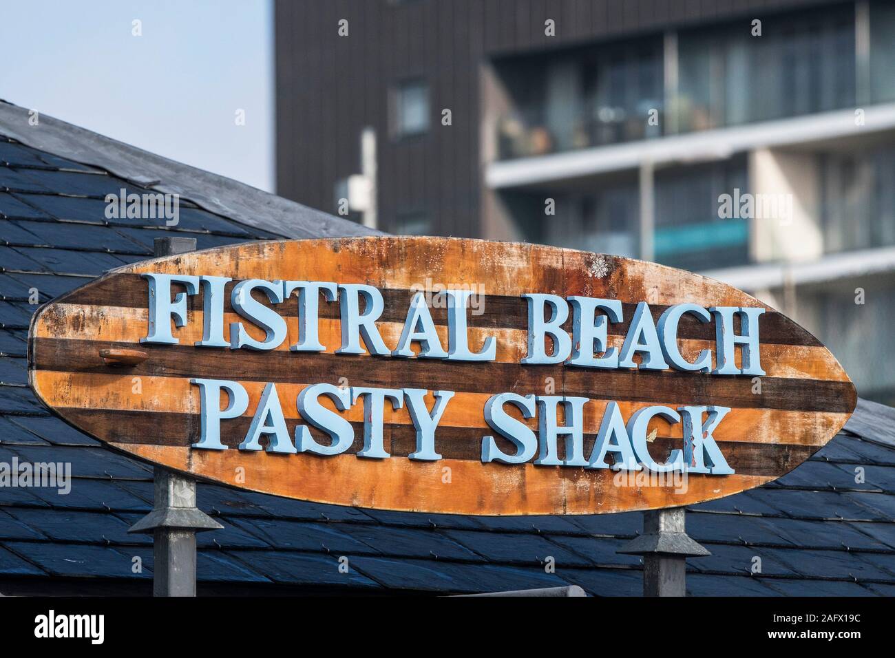 A sign for the Fistral Beach Pasty Shack in Newquay in Cornwall Stock ...