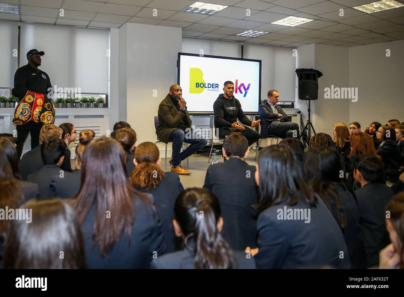 Anthony Joshua (centre), Johnny Nelson (left) and Sky Sports head of ...