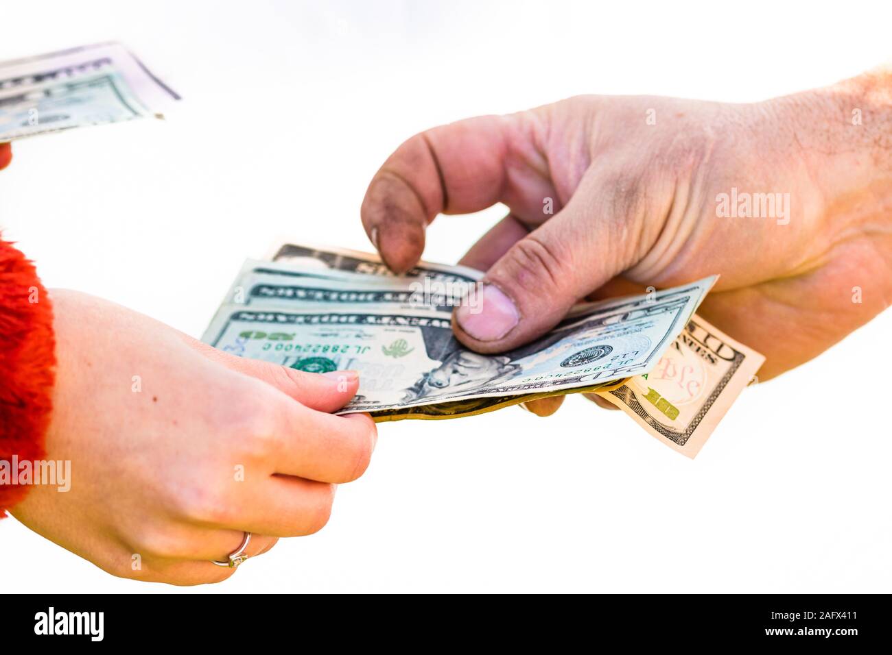 Hand giving money isolated, hard worked hand taking dollars money ...
