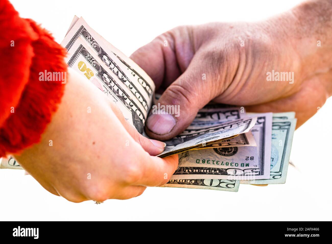 Hand giving money isolated, hard worked hand taking dollars money ...