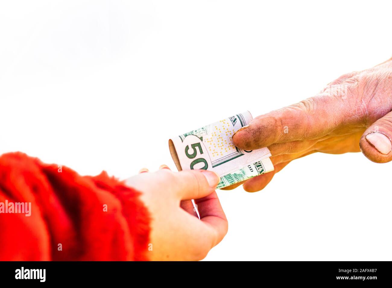 Hand giving money isolated, hard worked hand taking dollars money ...