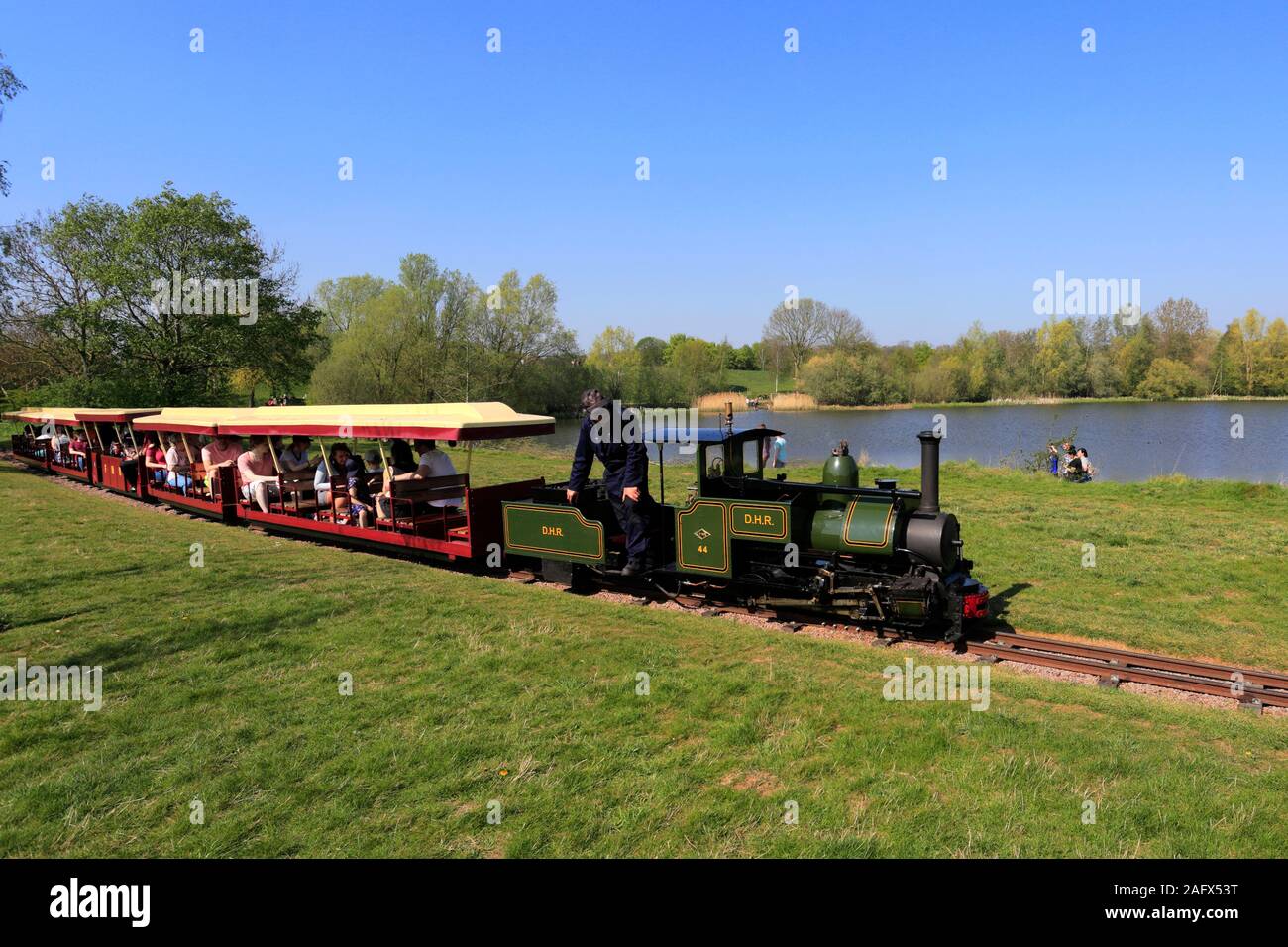 Miniature steam train at Ferry Meadows country park, Peterborough ...