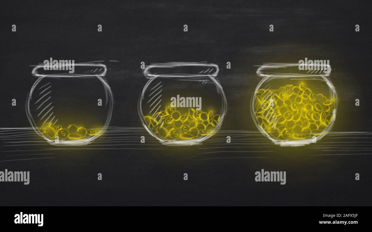 Three glass jars with different amount of coins inside Stock Photo - Alamy