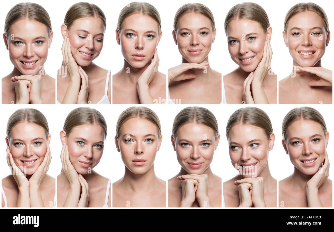 Emotional Women Faces Collage Beautiful Smiling Woman Portraits Set