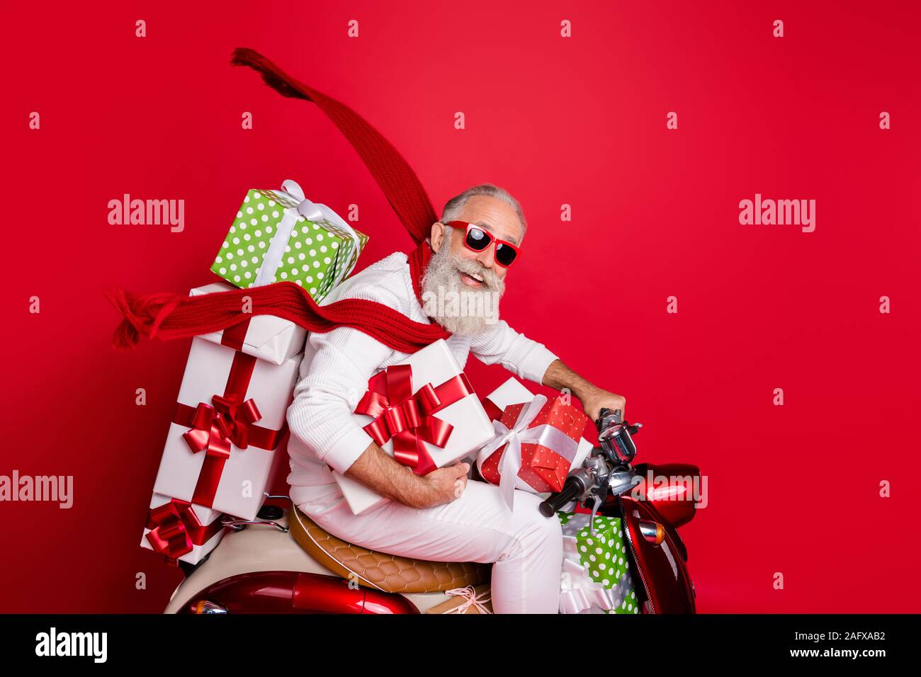 Profile side view of nice attractive funny funky cheerful gray-haired ...