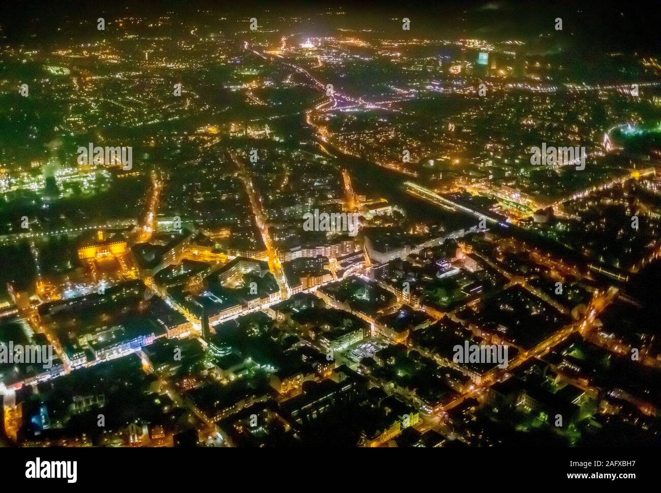 aerial photo, overview of Herne by night, railway station Herne ...