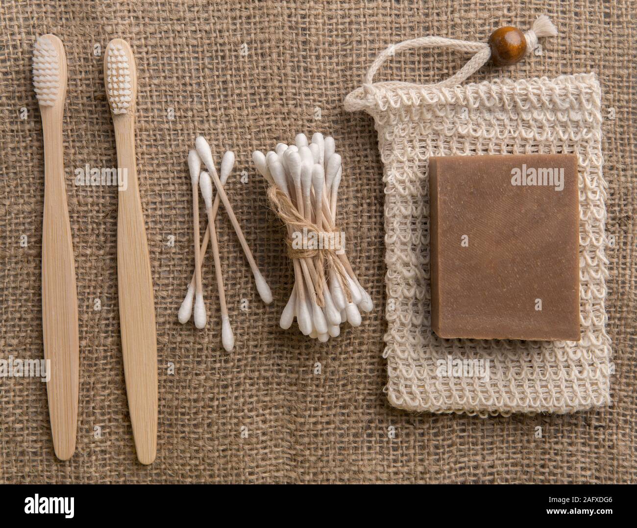 Biodegradable bamboo toothbrushes, cotton buds and handmade soap Stock ...