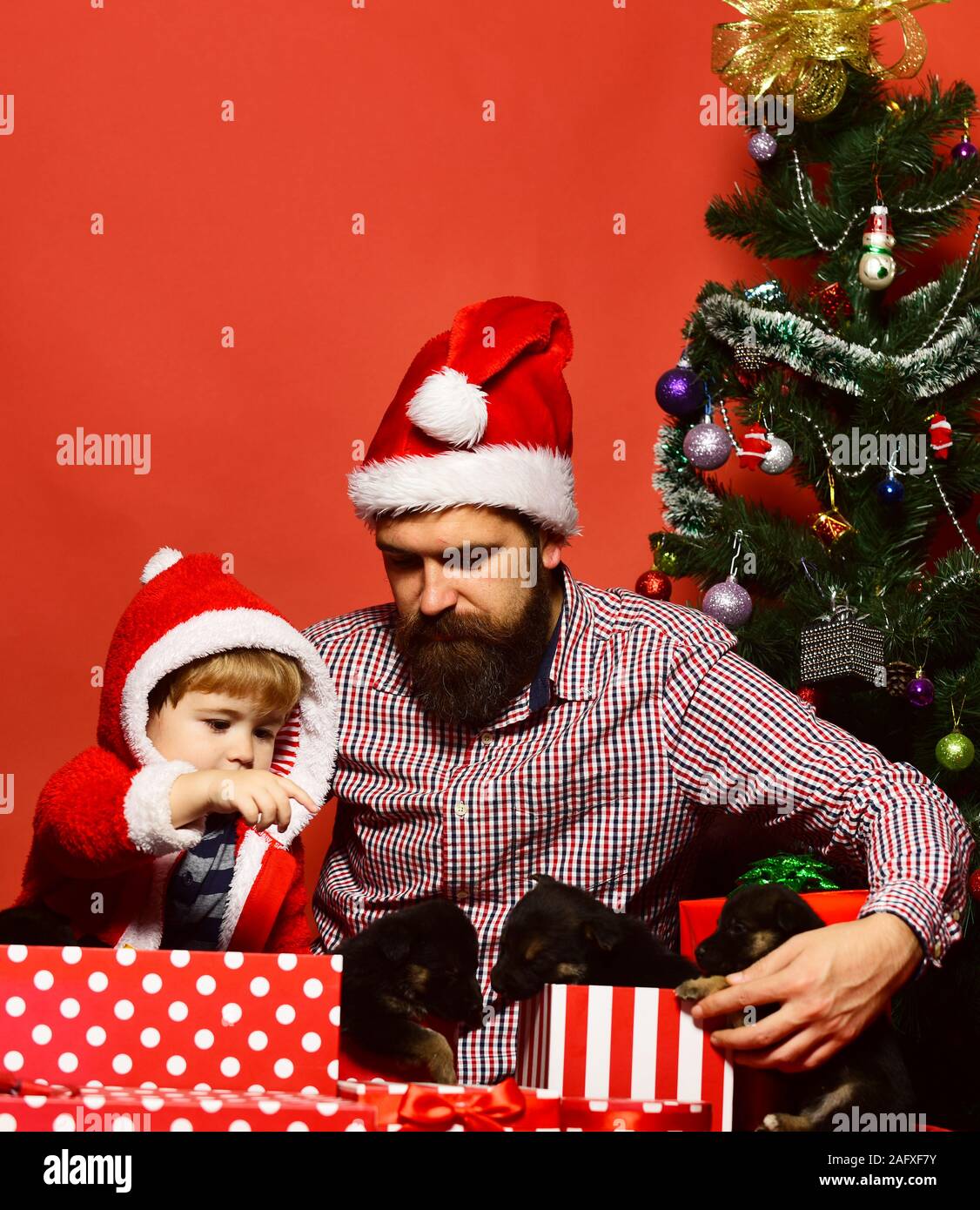 Xmas holiday concept. Man and boy in Santa hat and hood play with ...