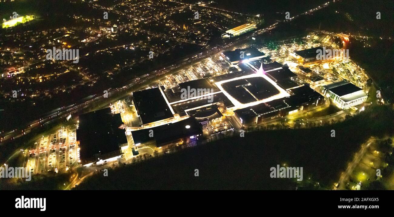 aerial photo, RuhrPark at night, shopping mall at the A40, night flight ...