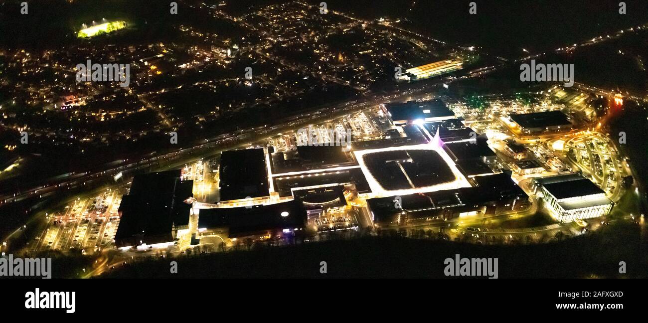 aerial photo, RuhrPark at night, shopping mall at the A40, night flight ...