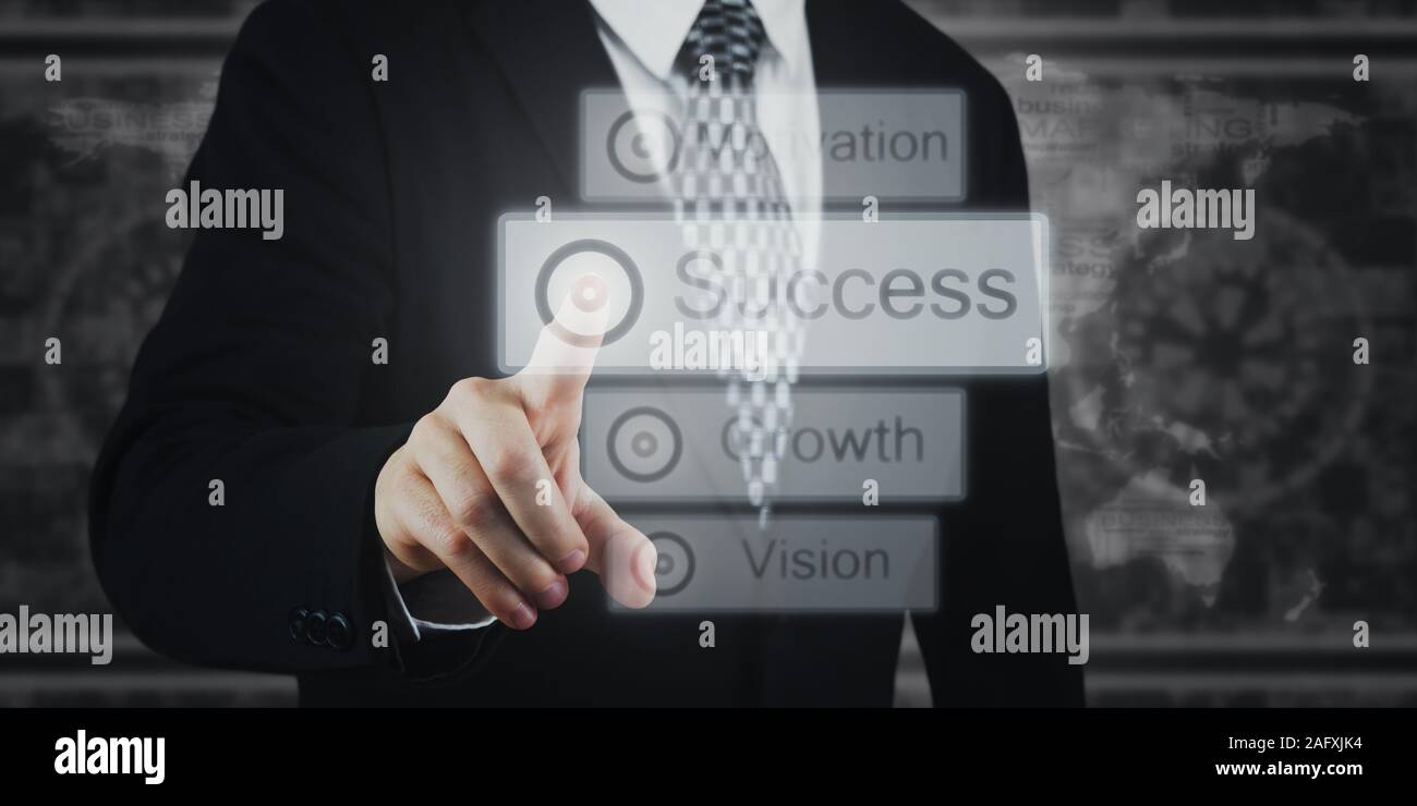 Businessman Pressing Button, Icons on Virtual Screen. Success ...