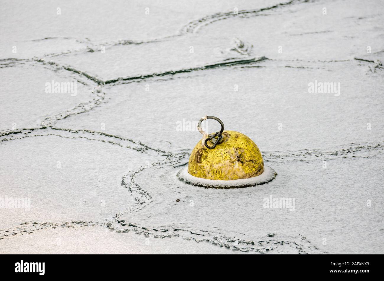 Frozen yellow buoy, Konstanz Harbor, Lake Constance, Baden-Wuerttemberg ...
