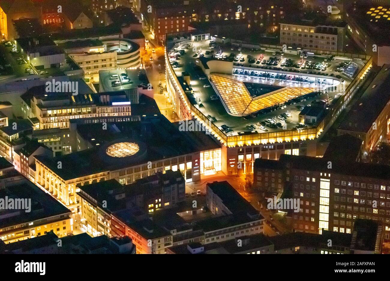 aerial view of the Thiergalerie, shopping mall, in Dortmund at night ...
