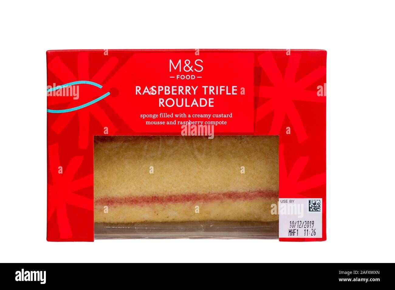 Box of M&S Raspberry Trifle Roulade sponge filled with a creamy custard ...