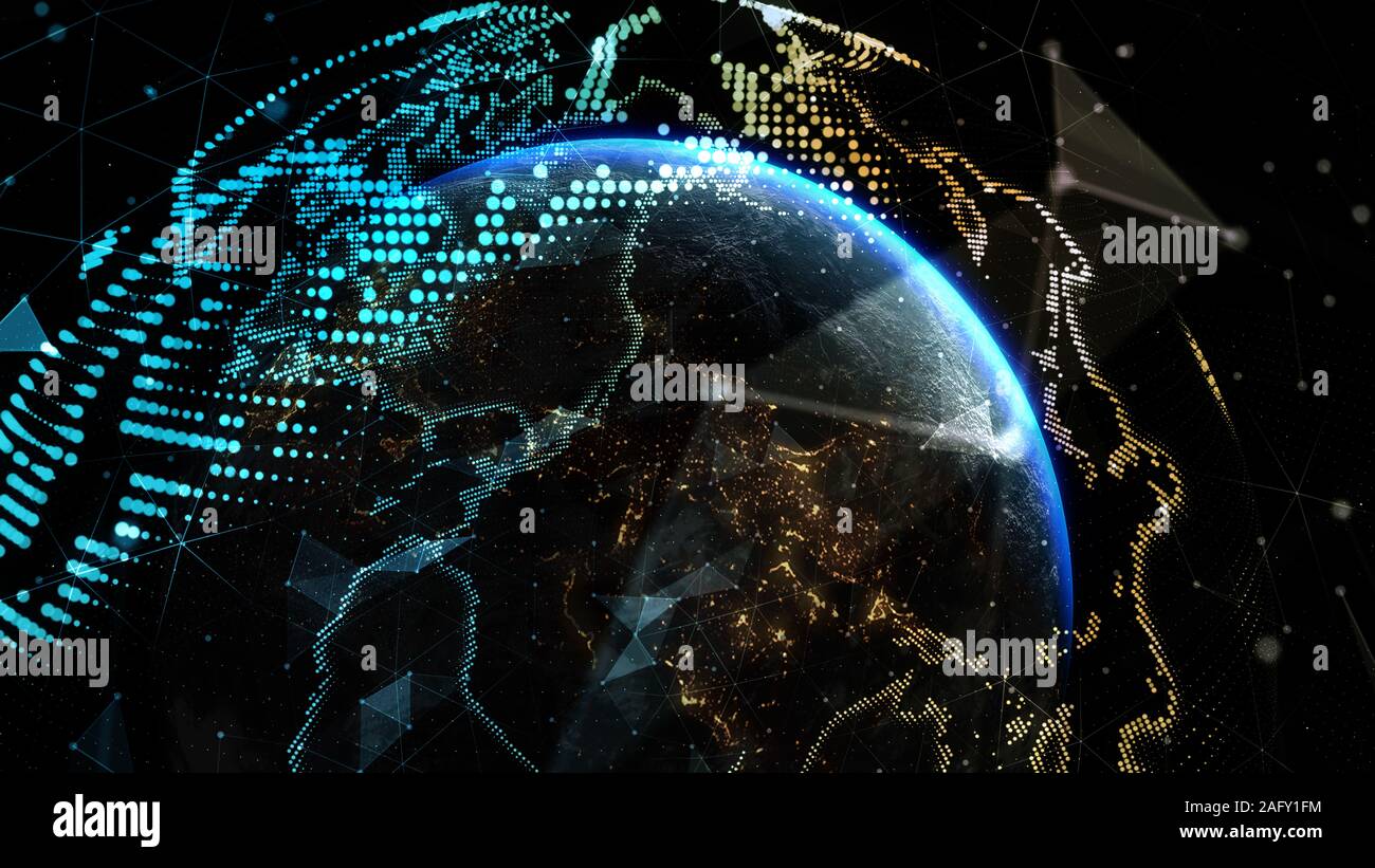 Earth in galaxy. Global world network and telecommunication on earth ...