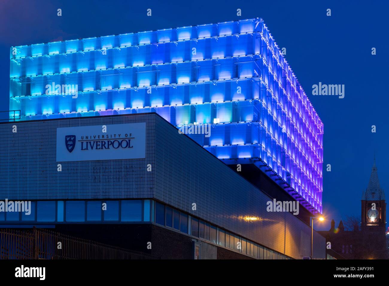 Mulitcoloured floodlit Liverpool University Engineering building ...