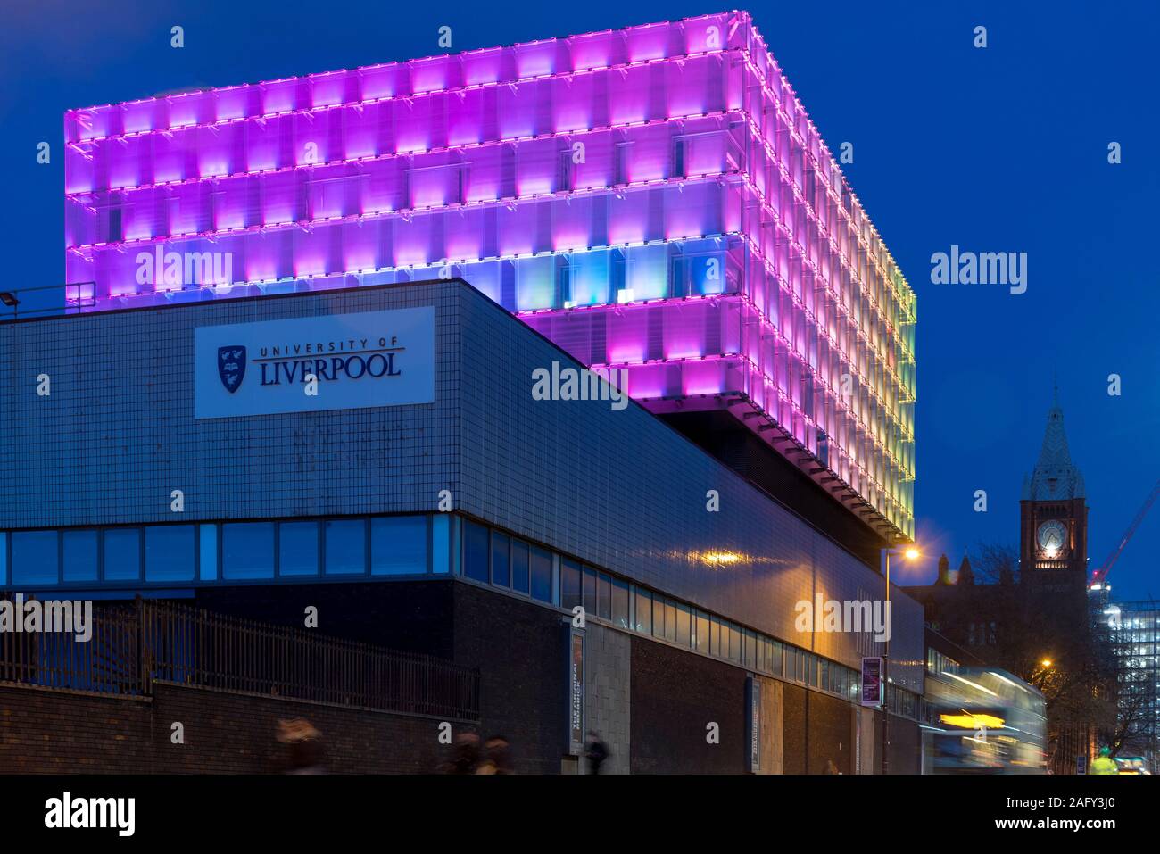 Mulitcoloured floodlit Liverpool University Engineering building ...