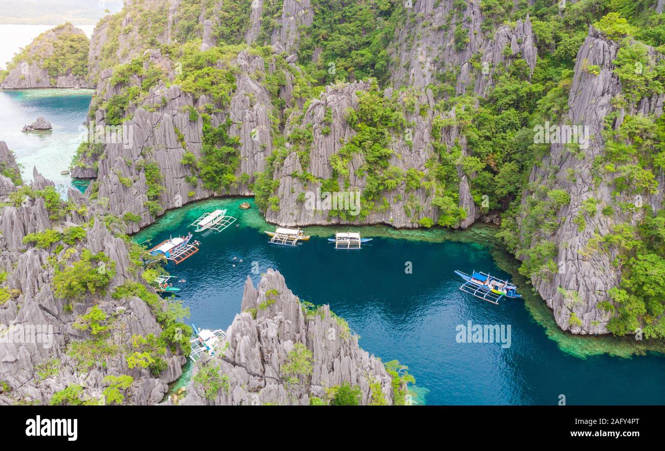 Aerial view of Twin Lagoon on paradise island with sharp limestone ...