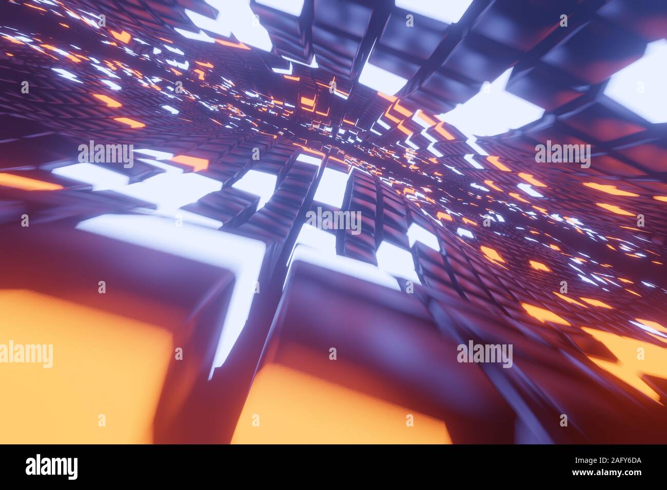 Abstract 3D space background with a perspective of metal cubes and ...