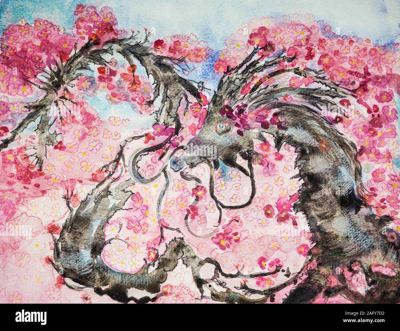 Sakura branch forming a dragon head. The dabbing technique near the ...