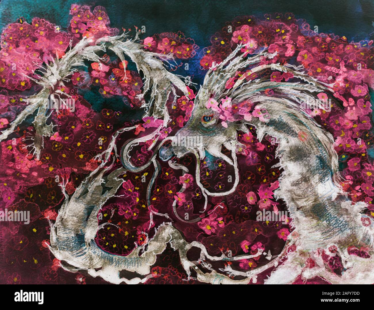 Sakura branch at night forming a dragon head. The dabbing technique ...