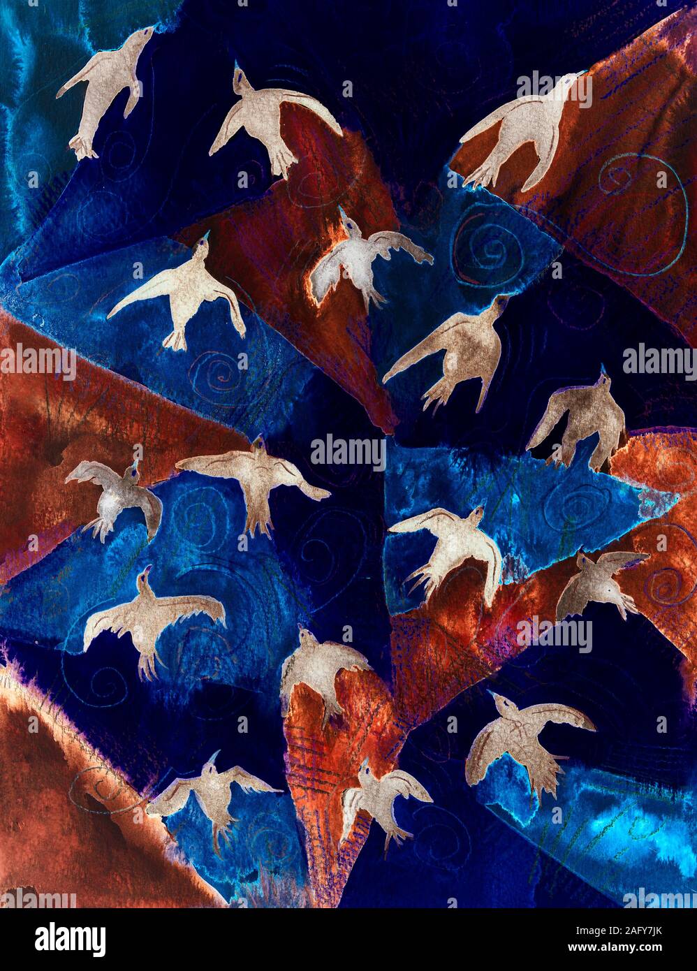 Bird flock with abstract background. The dabbing technique near the ...