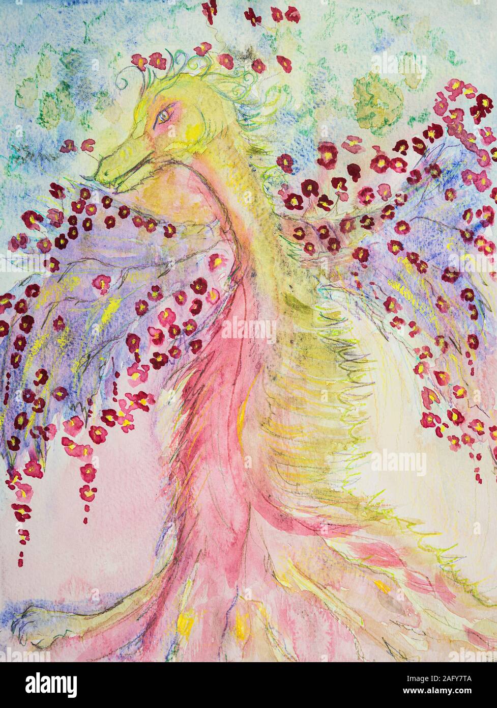 Dragon tree with sakura wings. The dabbing technique near the edges ...