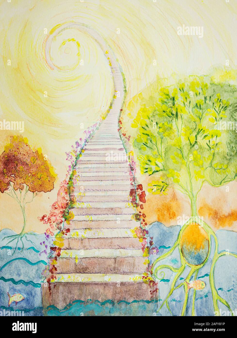 Cosmic ladder with tree of life. The dabbing technique near the edges ...