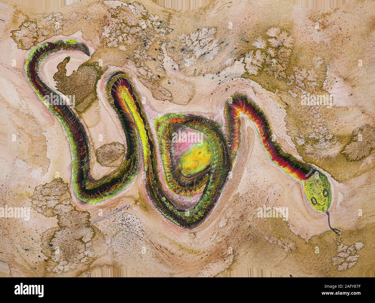 Cosmic snake in the desert. The dabbing technique near the edges gives ...