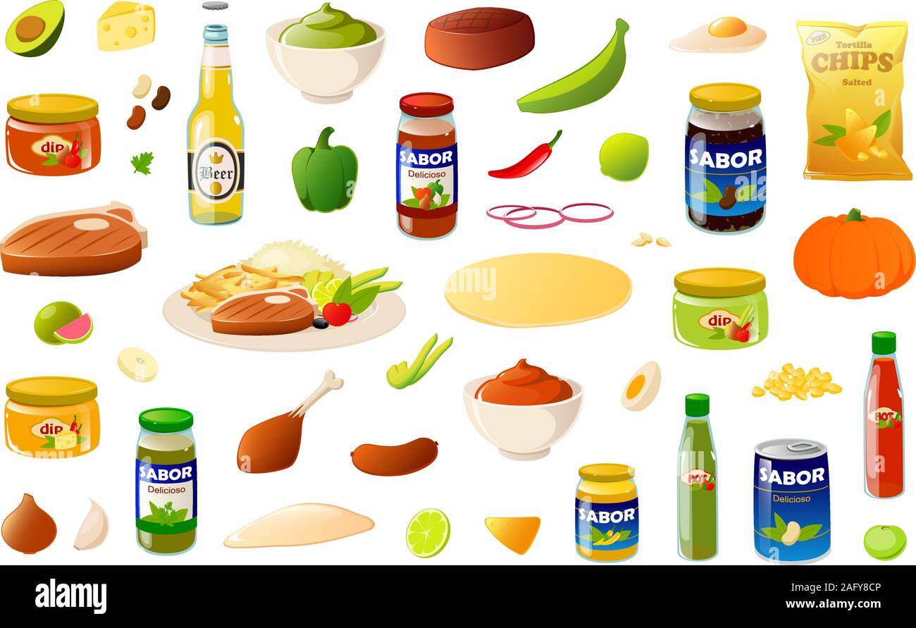 Vector illustration of various Latin American Mexican foods ...