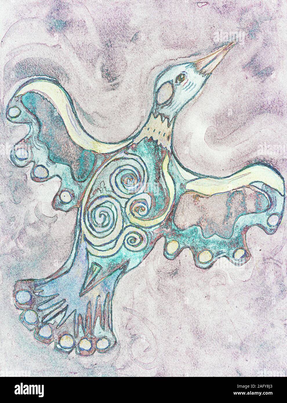 Drawing of spiritual bird flying. The dabbing technique near the edges ...