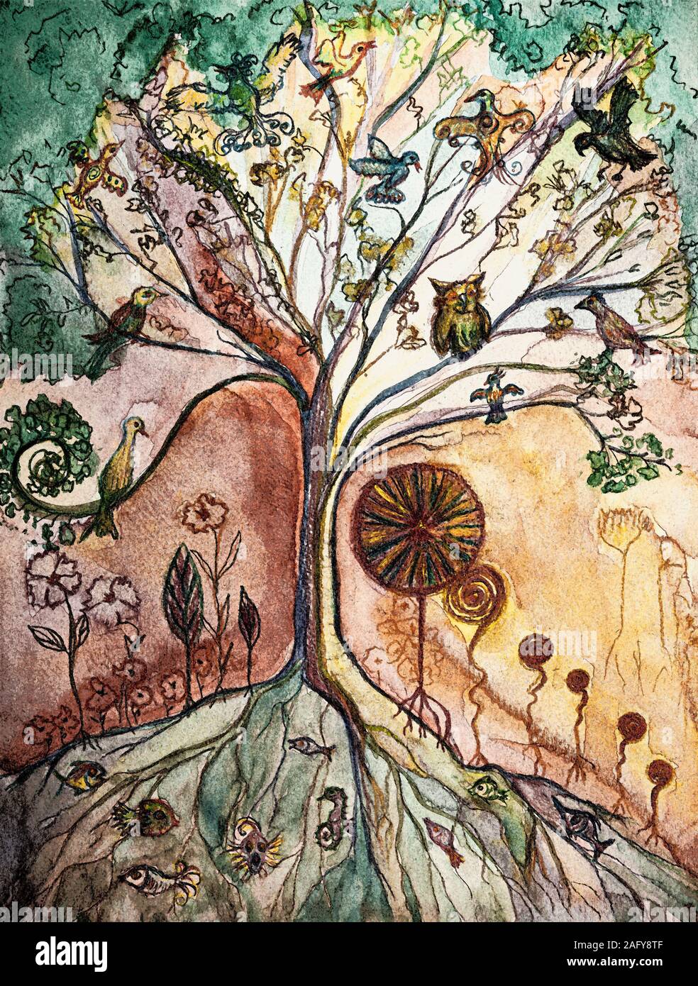 Fresco of tree of life with flock of birds. The dabbing technique near ...