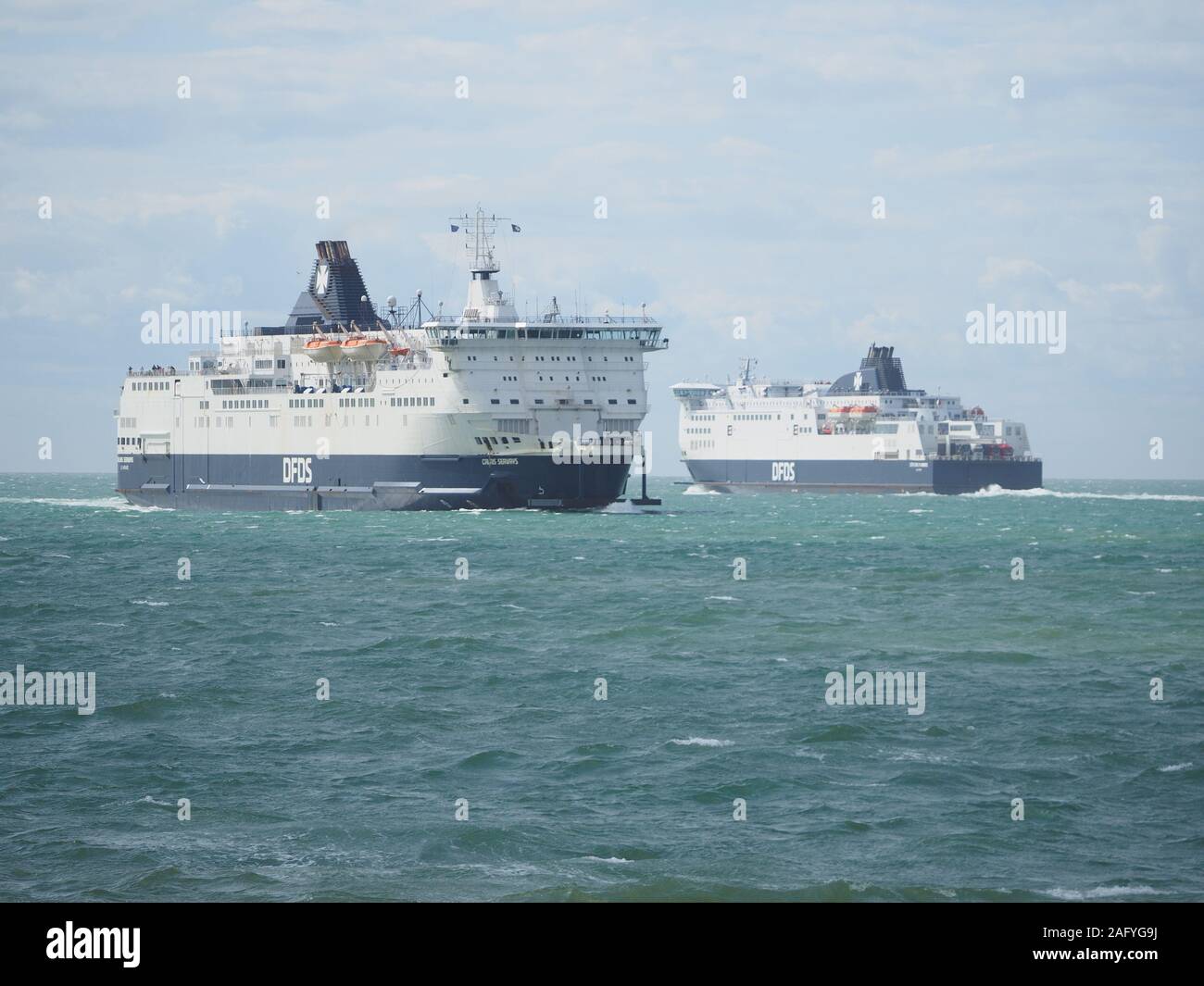 Two DFDS Seaways cross channel ferries passing each other at sea Stock ...
