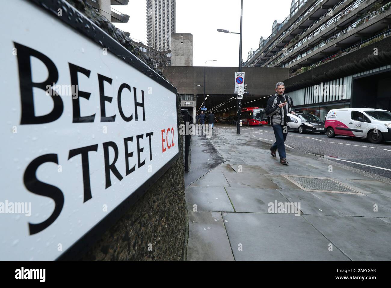 A sign for Beech Street on the Barbican Estate in London, as petrol and ...