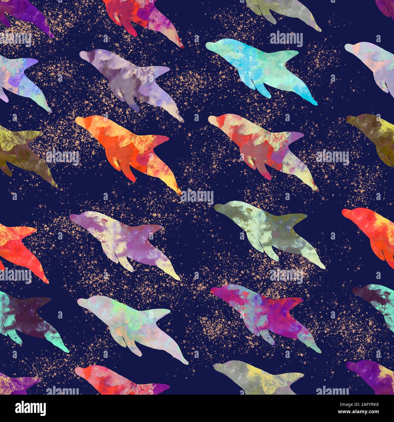 Dolphins on the abstract background. Gouache splashes. Noises texture ...