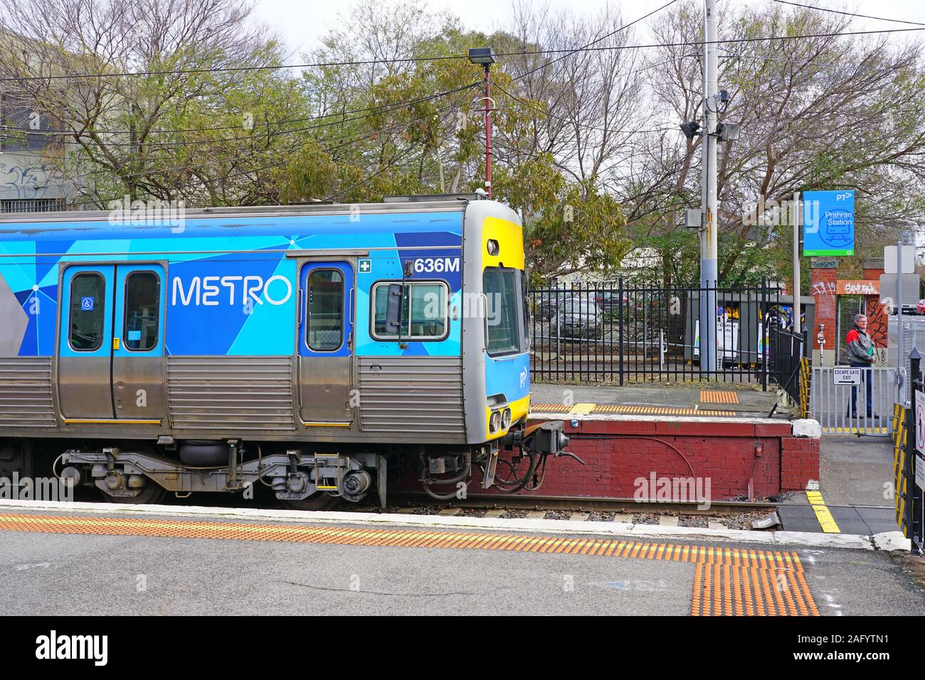 MELBOURNE, AUSTRALIA -15 JUL 2019- View of a blue Metro car in ...