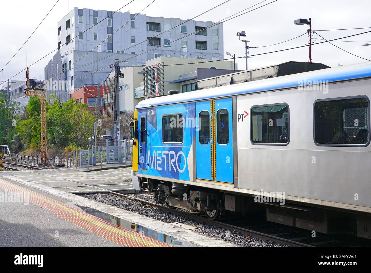 MELBOURNE, AUSTRALIA -15 JUL 2019- View of a blue Metro car in ...