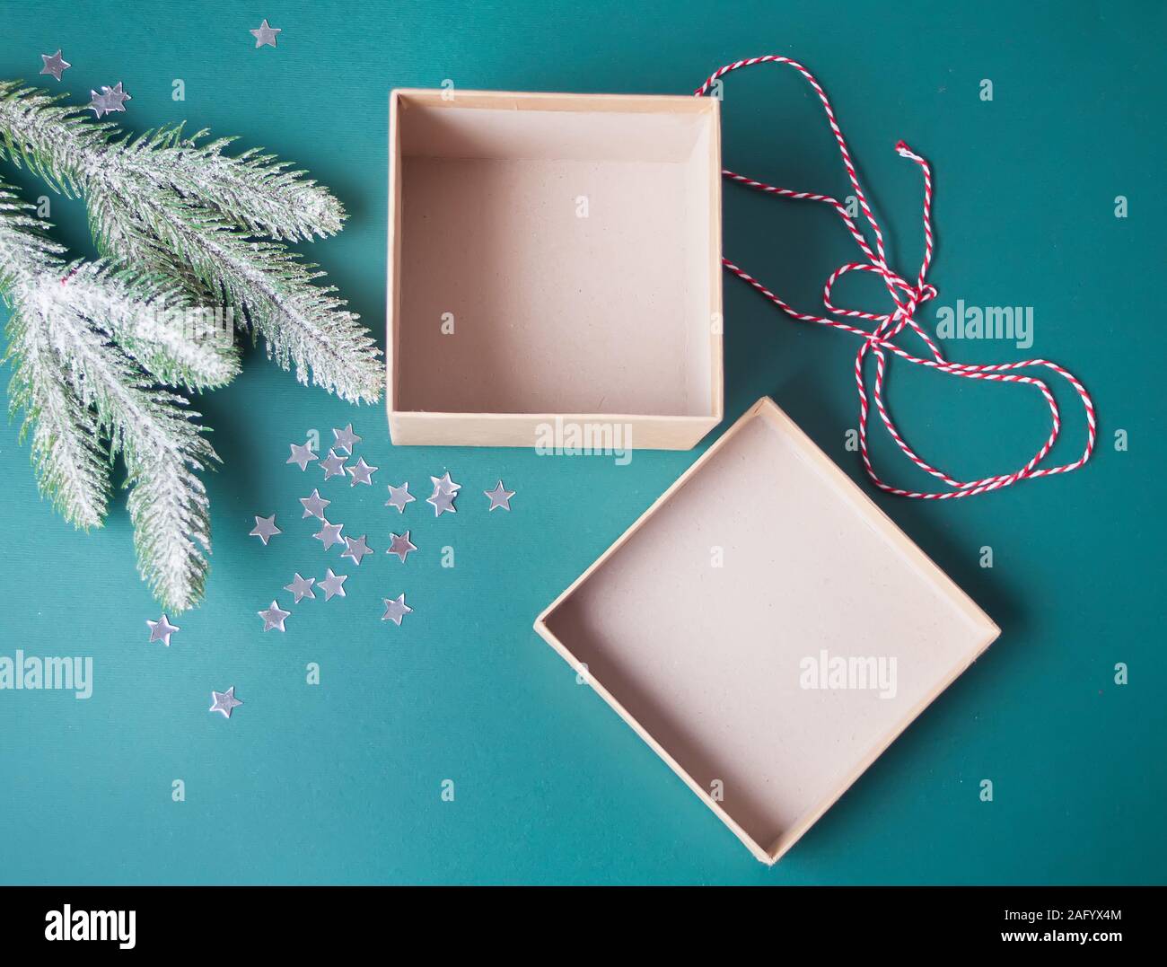 Opening and empty Christmas gift box on the green background with pine ...