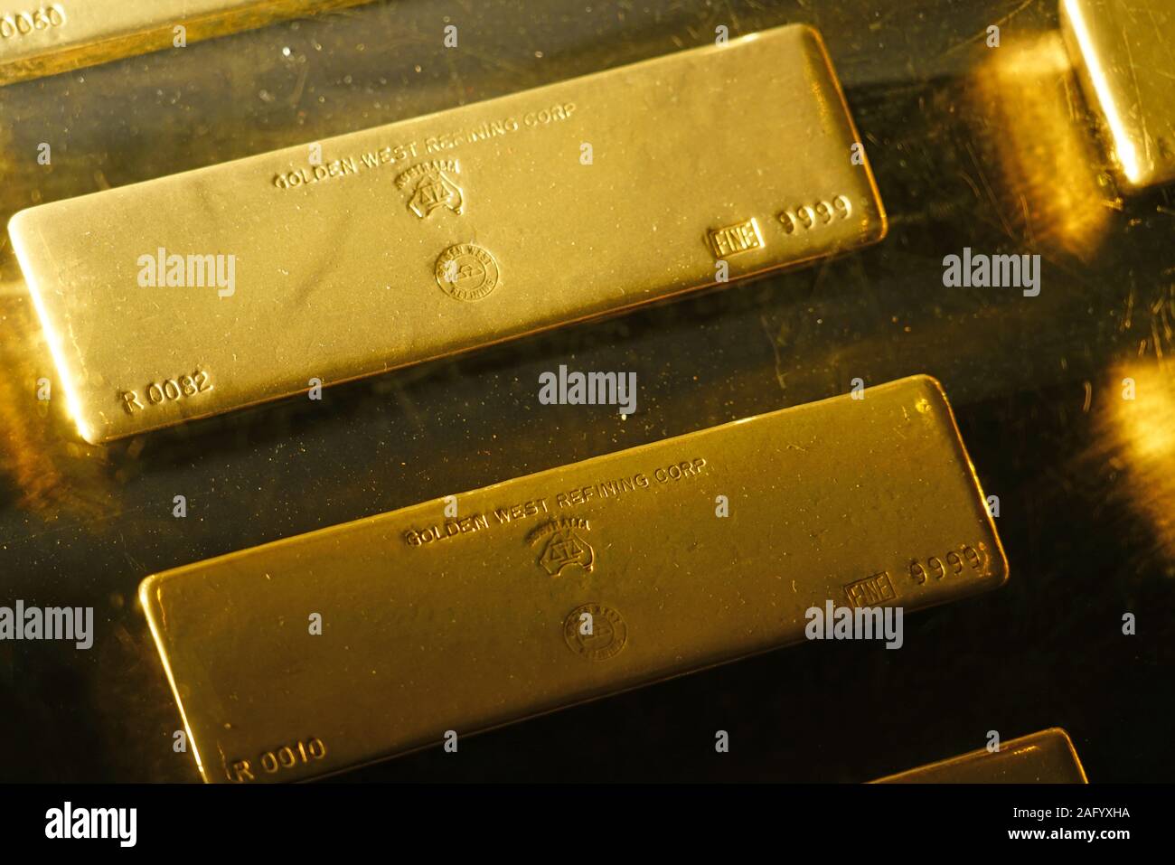 MELBOURNE, AUSTRALIA -15 JUL 2019- View of gold bar replicas in the ...