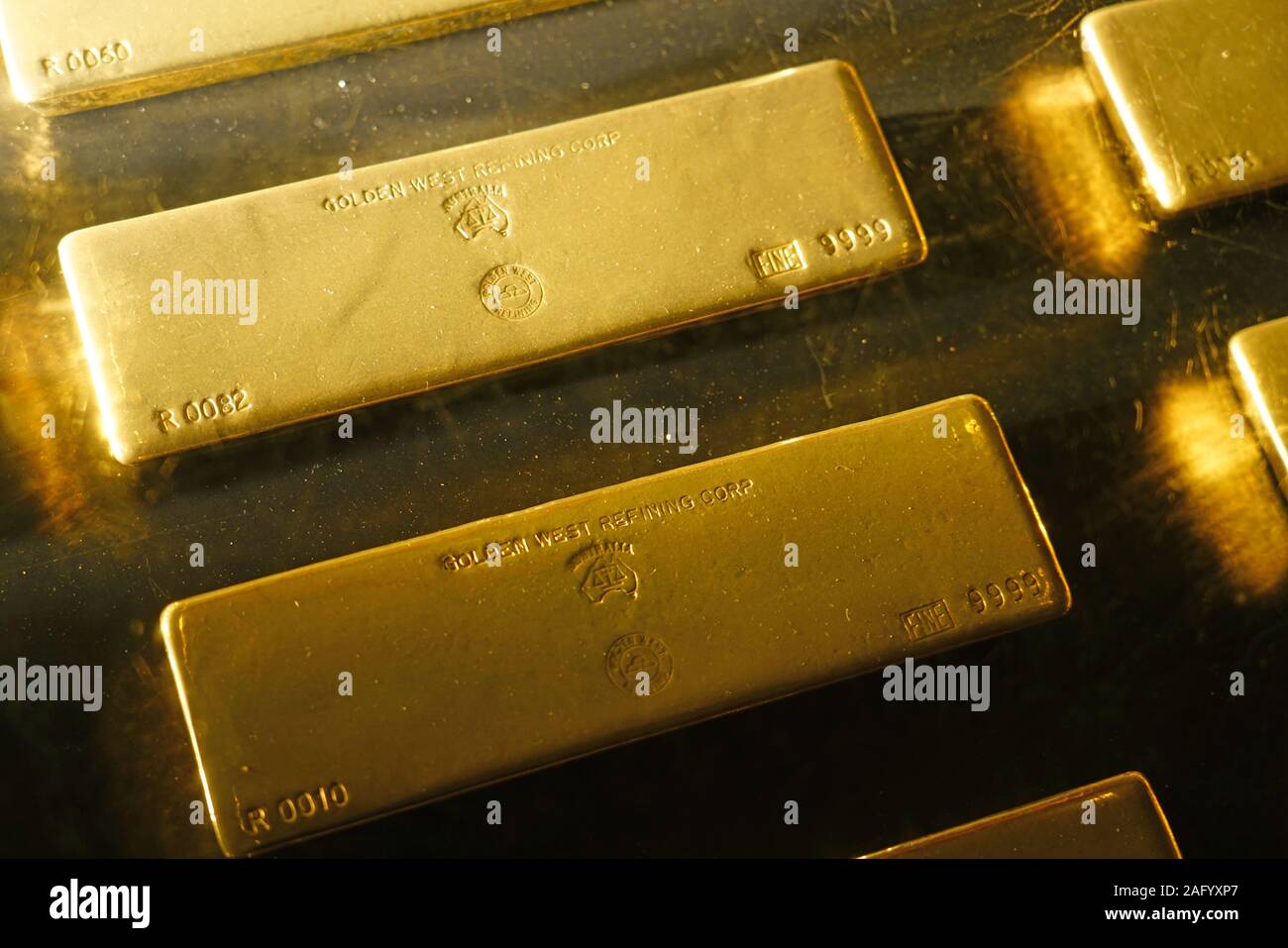MELBOURNE, AUSTRALIA -15 JUL 2019- View of gold bar replicas in the ...