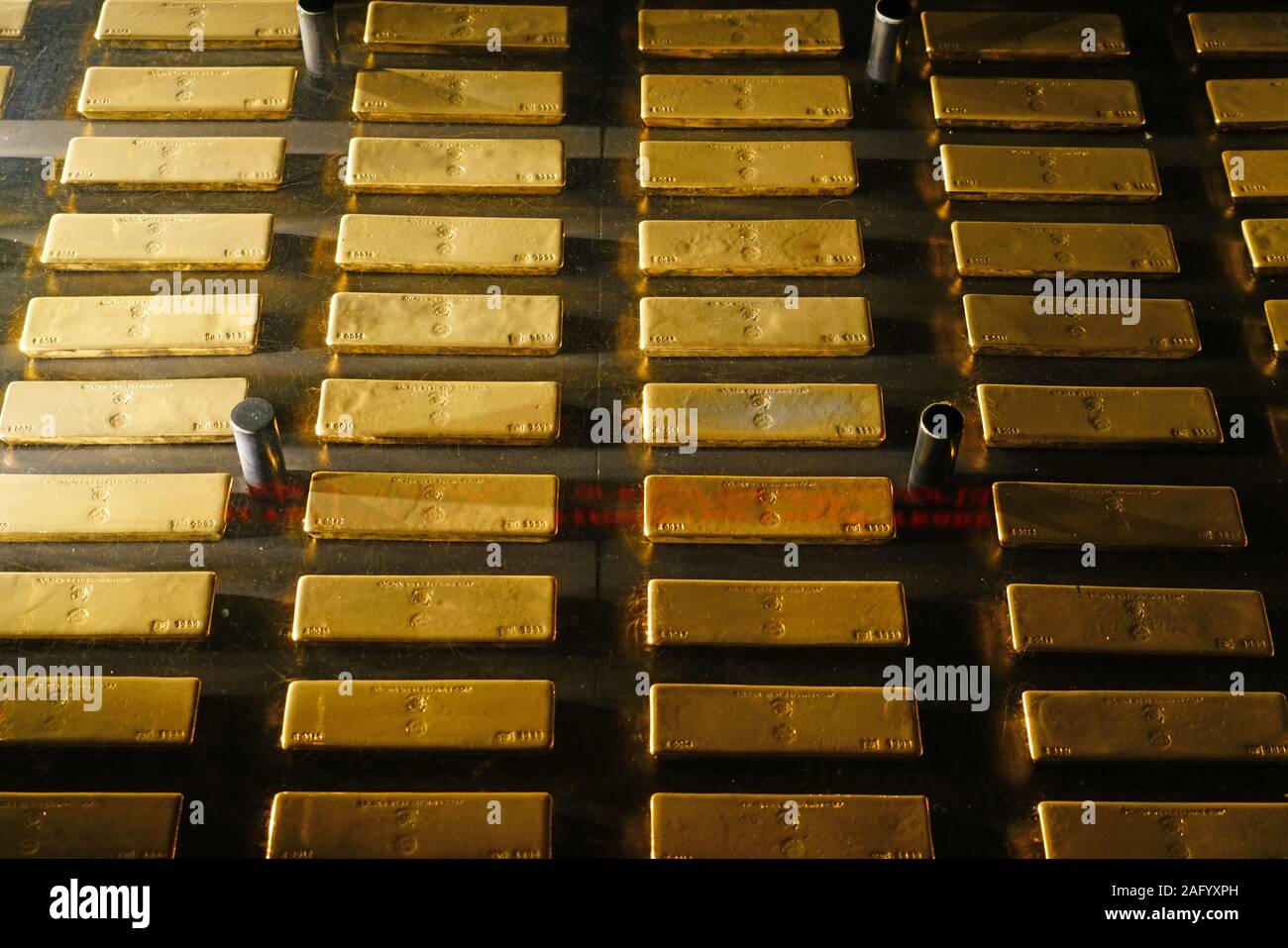 MELBOURNE, AUSTRALIA -15 JUL 2019- View of gold bar replicas in the ...