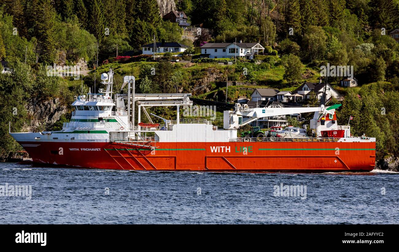 Reefer vessel With Frohavet approaching the port of Bergen, Norway ...