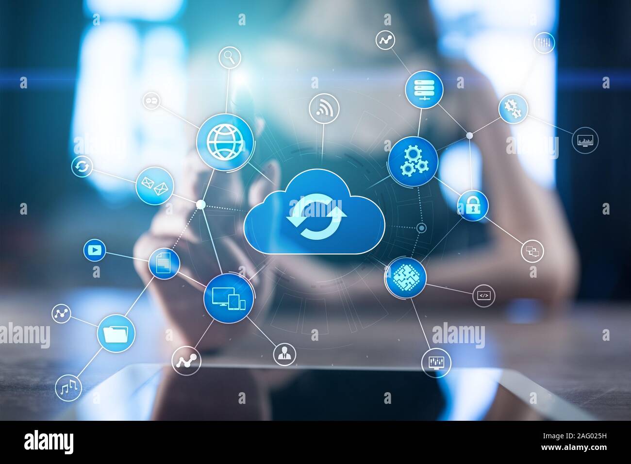 Cloud technology concept on virtual screen. Data storage and computing ...
