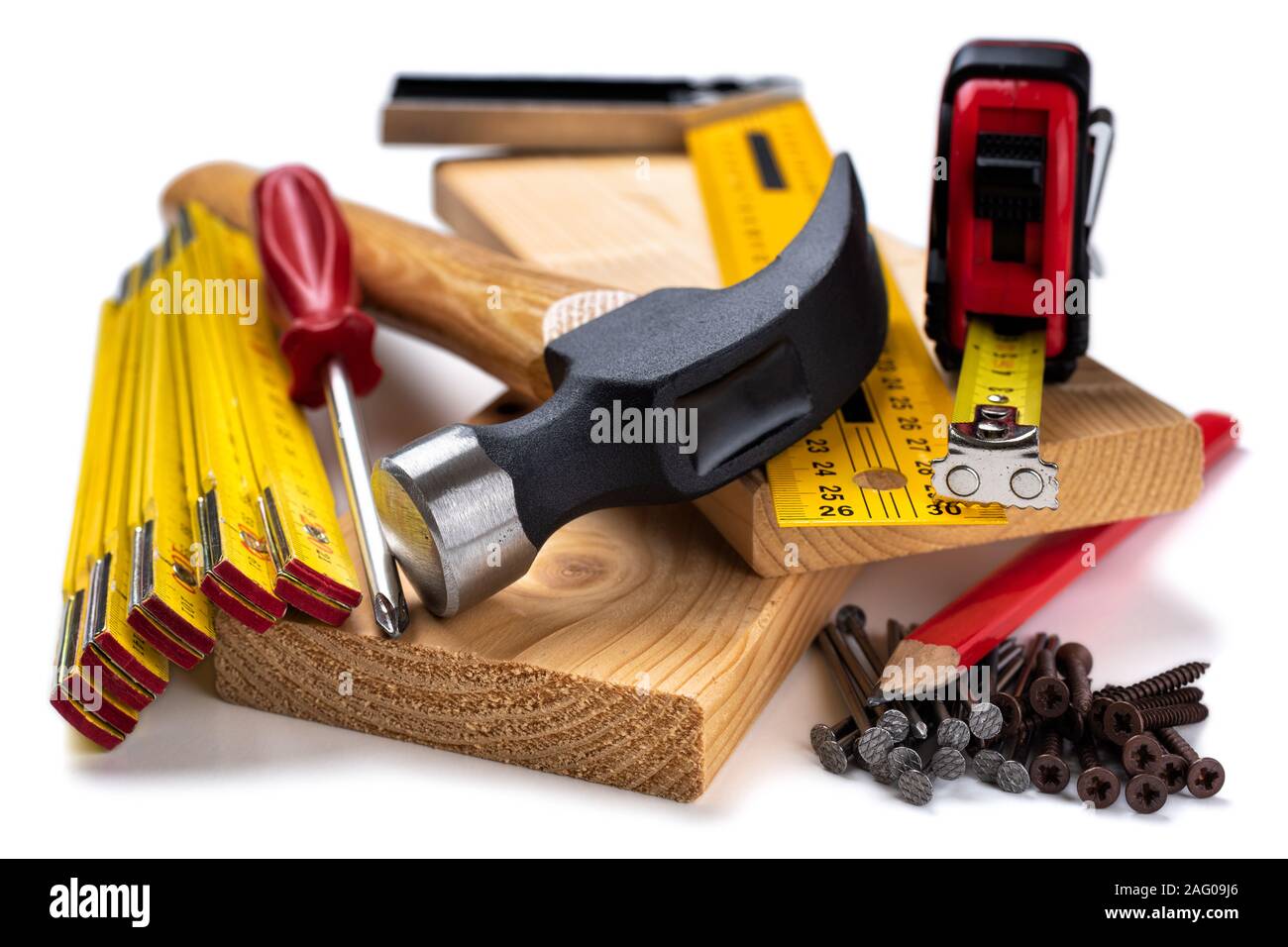 Close-up of hammer and carpenter's tools on a white background ...