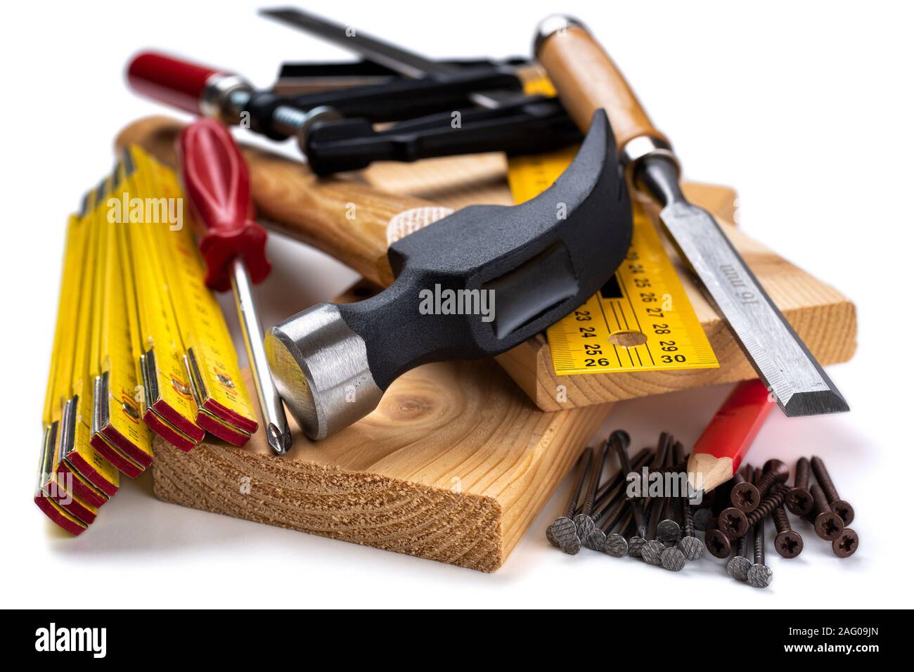 Close-up of hammer and carpenter's tools on a white background ...