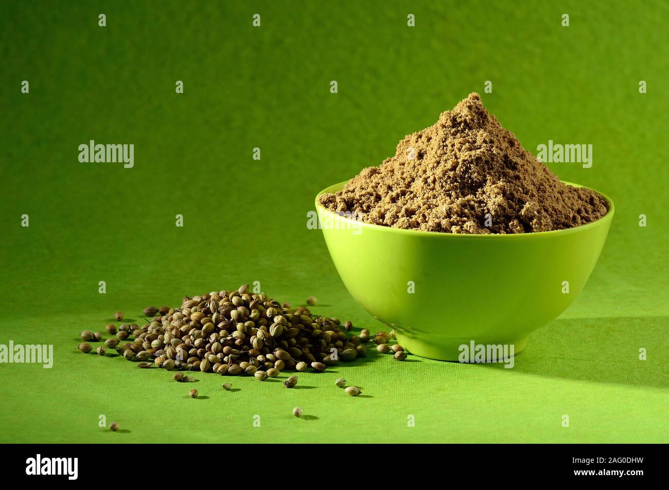 Coriander seeds and Powdered coriander in green container on green ...