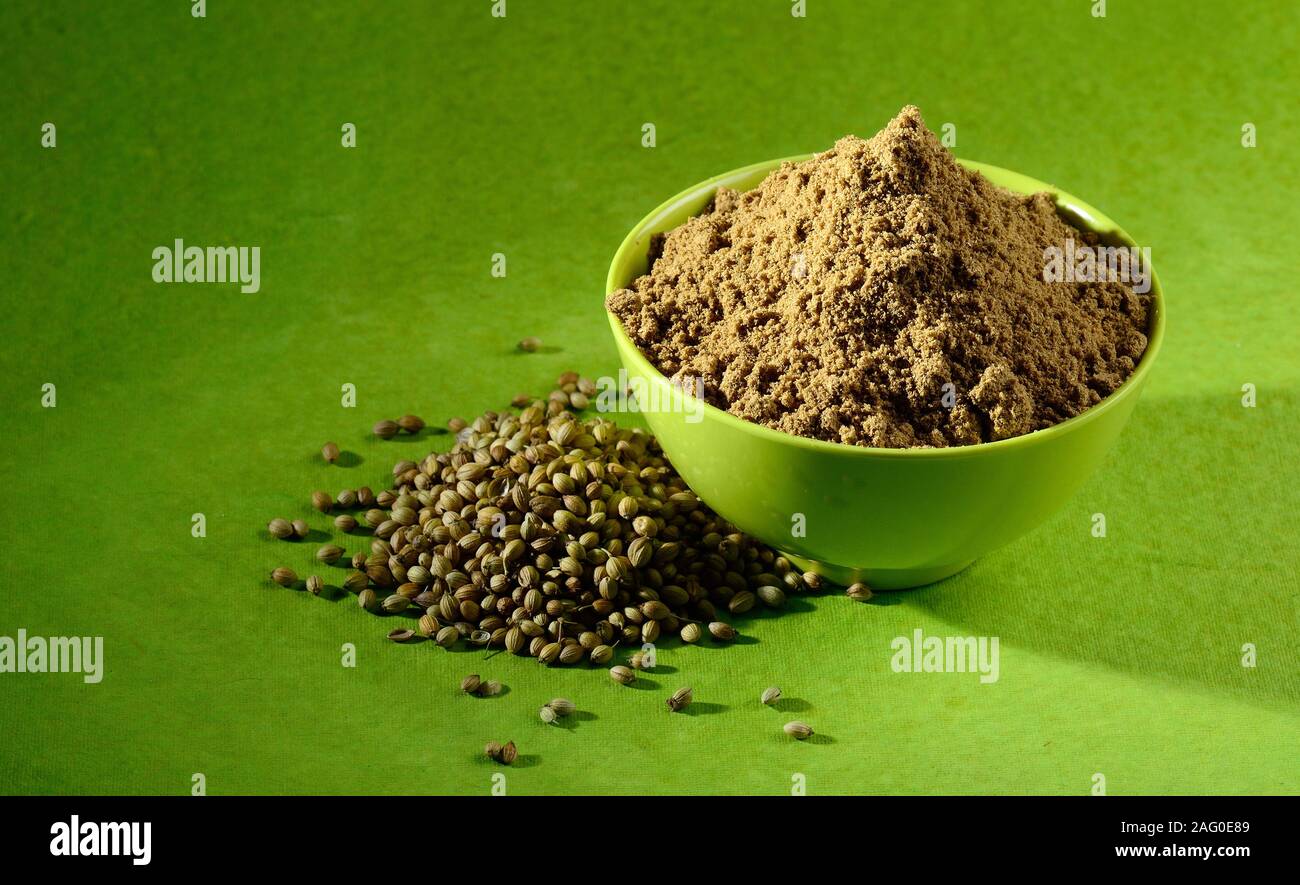 Coriander seeds and Powdered coriander in green container on green ...