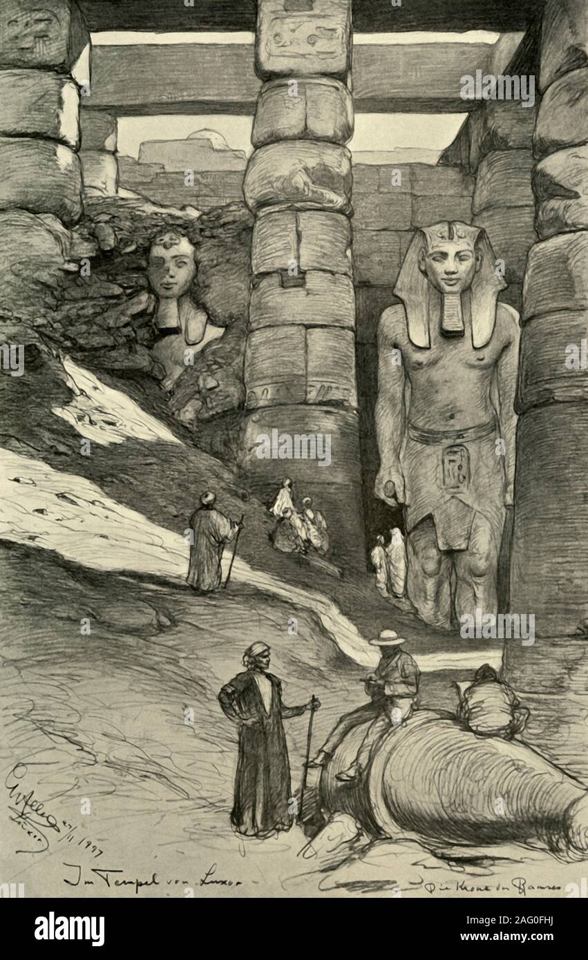 Statues in the Luxor Temple, Egypt, 1898. Tourist sitting on a piece of ...